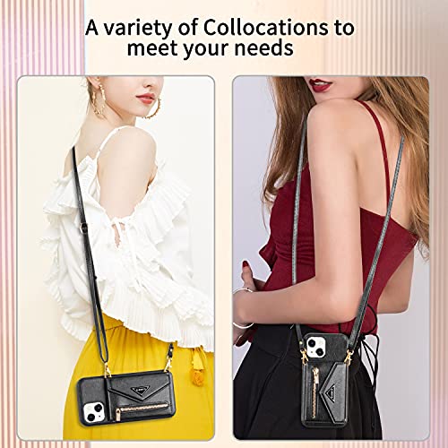 Yun Chi Crossbody Slim Wallet Cases for iPhone 13 Mini with Lanyard Strap Credit Card Holder 5.4'', PU Leather Protective Handbag Zipper Purse Kickstand Cover Women Girl (Black)