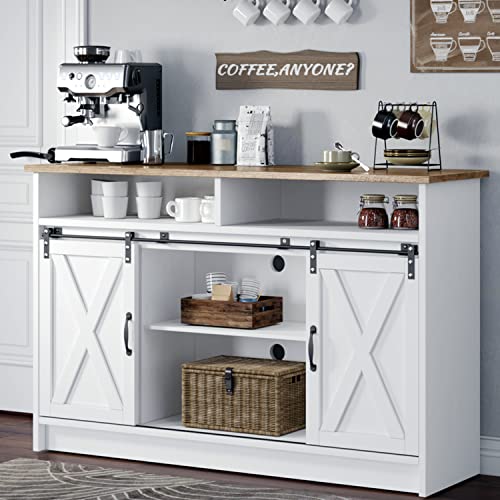 White Coffee Bar Cabinet, 52" Farmhouse Kitchen Sideboard Buffet Storage Cabinet White Sideboard Buffet Cabinet with Storage Sliding Barn Door for Kitchen, Dining Room, Living Room (White, 52inch)