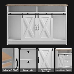 White Coffee Bar Cabinet, 52" Farmhouse Kitchen Sideboard Buffet Storage Cabinet White Sideboard Buffet Cabinet with Storage Sliding Barn Door for Kitchen, Dining Room, Living Room (White, 52inch)