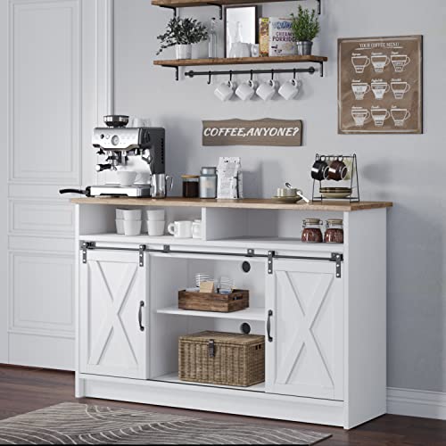 White Coffee Bar Cabinet, 52" Farmhouse Kitchen Sideboard Buffet Storage Cabinet White Sideboard Buffet Cabinet with Storage Sliding Barn Door for Kitchen, Dining Room, Living Room (White, 52inch)