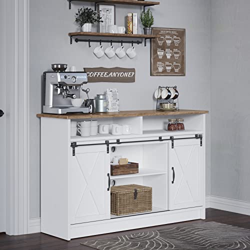 White Coffee Bar Cabinet, 52" Farmhouse Kitchen Sideboard Buffet Storage Cabinet White Sideboard Buffet Cabinet with Storage Sliding Barn Door for Kitchen, Dining Room, Living Room (White, 52inch)