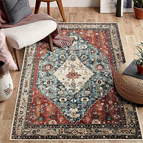 AIZHU Collection Boho Area Rug - 3’ x 5’, Non Slip Thin Entryway Rug Doormat Washable Distressed Accent Indoor Throw Low Pile Rug Front Floor Carpet for Entrance Living Room kitchen Bedrooms, Bohemian