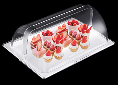 Food Serving Display Tray with Clear Roll Top Cover Reusable Platter Cake Pastry Dessert Display Tray Plate Case with Lid for Food Buffet