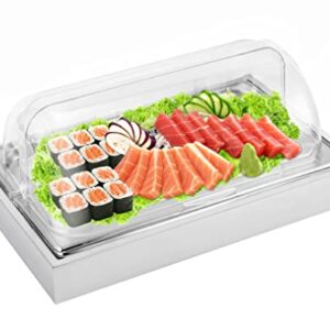 YMJOINMX Ice Food Serving Display Tray with Clear Roll Top Cover Buffet Cold Serving Cooler Platter w/ 2 Ice Packs Cooling Food Dishes Display Plate Case with Lid for Seafood Fruit Party Buffet Tray