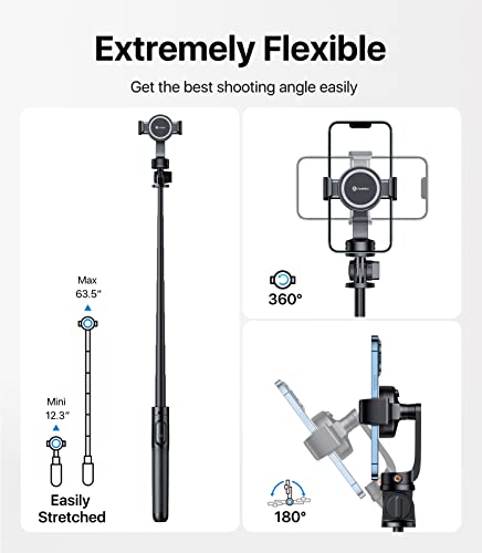 andobil MagStick Selfie Stick Tripod Compatible with MagSafe, [Redefined Phone Tripod] 63.5" Extendable Magnetic Cell Phone Tripod Stand with Wireless Remote, Tripod for iPhone 14 13 12 & All Phones