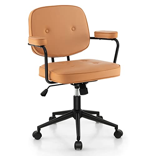 Giantex Mid Century Leather Office Chair Orange, Height Adjustable Desk Chair with Rocking Backrest & Padded Armrest, Upholstered Swivel Leisure Task Chair, Modern Rolling Chair for Home Office