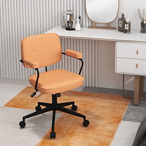 Giantex Mid Century Leather Office Chair Orange, Height Adjustable Desk Chair with Rocking Backrest & Padded Armrest, Upholstered Swivel Leisure Task Chair, Modern Rolling Chair for Home Office