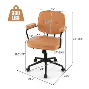 Giantex Mid Century Leather Office Chair Orange, Height Adjustable Desk Chair with Rocking Backrest & Padded Armrest, Upholstered Swivel Leisure Task Chair, Modern Rolling Chair for Home Office