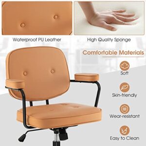 Giantex Mid Century Leather Office Chair Orange, Height Adjustable Desk Chair with Rocking Backrest & Padded Armrest, Upholstered Swivel Leisure Task Chair, Modern Rolling Chair for Home Office