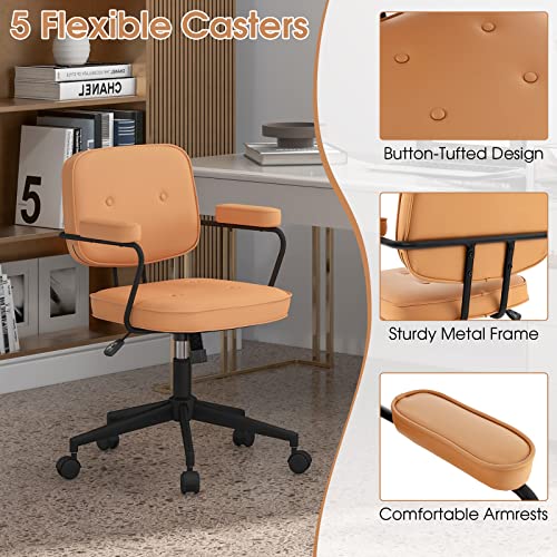 Giantex Mid Century Leather Office Chair Orange, Height Adjustable Desk Chair with Rocking Backrest & Padded Armrest, Upholstered Swivel Leisure Task Chair, Modern Rolling Chair for Home Office