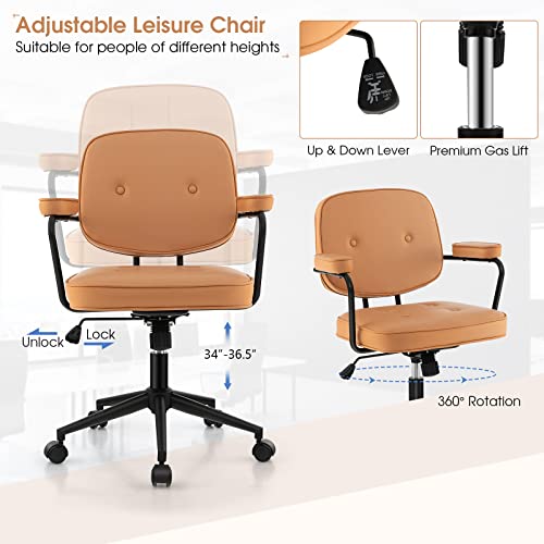 Giantex Mid Century Leather Office Chair Orange, Height Adjustable Desk Chair with Rocking Backrest & Padded Armrest, Upholstered Swivel Leisure Task Chair, Modern Rolling Chair for Home Office