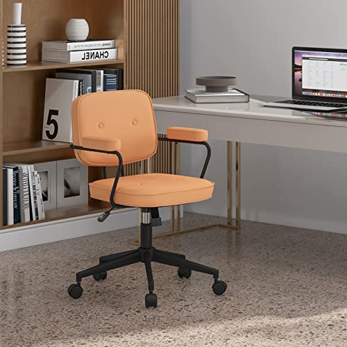 Giantex Mid Century Leather Office Chair Orange, Height Adjustable Desk Chair with Rocking Backrest & Padded Armrest, Upholstered Swivel Leisure Task Chair, Modern Rolling Chair for Home Office