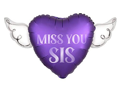 Miss You Sis Heavenly Balloons heart shaped with angel wings (Purple)