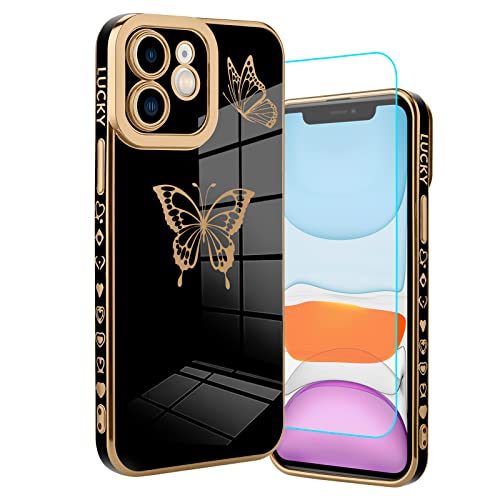 MZELQ Designed for iPhone 11 Case Butterfly Design for Women Girl with Screen Protector,Cute Luxury Plating Bumper Case with Full Camera Lens Protection Cover 6.1 inch- Black