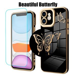 MZELQ Designed for iPhone 11 Case Butterfly Design for Women Girl with Screen Protector,Cute Luxury Plating Bumper Case with Full Camera Lens Protection Cover 6.1 inch- Black