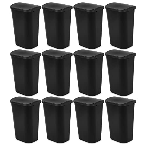 Sterilite 11.3 Gallon D Shape Flat Side Lift Top Lid Wastebasket Trash Can for Kitchen, Home Office, and Garage, or Workspace, Black (12 Pack)