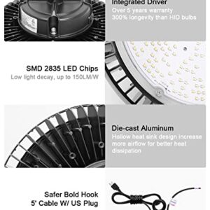 Qmix LED High Bay Light 150W 22,500LM 1-10V Dimmable with 5' Cable W/US Plug, UFO High Bay Light 5000K Daylight 600W MH Replacement, Commercial Bay Lighting DLC/ETL Listed