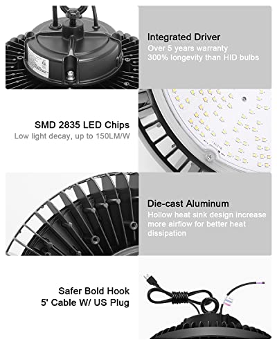 Qmix LED High Bay Light 150W 22,500LM 1-10V Dimmable with 5' Cable W/US Plug, UFO High Bay Light 5000K Daylight 600W MH Replacement, Commercial Bay Lighting DLC/ETL Listed