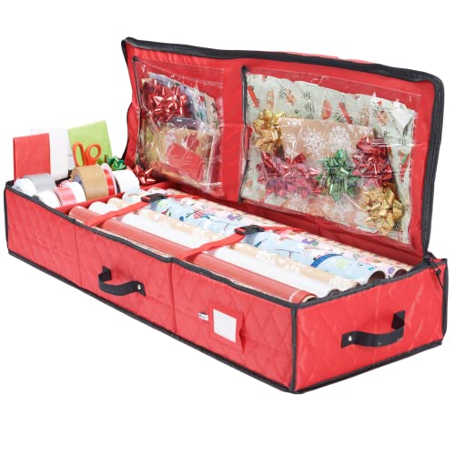 ZOBER Wrapping Paper Storage Containers - 40.5x14x6 Inch, Quilted, Duffle Bag-Style Gift Wrap Organizer and Storage Bag w/Wheels, Zipper and Double Handle for Christmas Decorations - Red