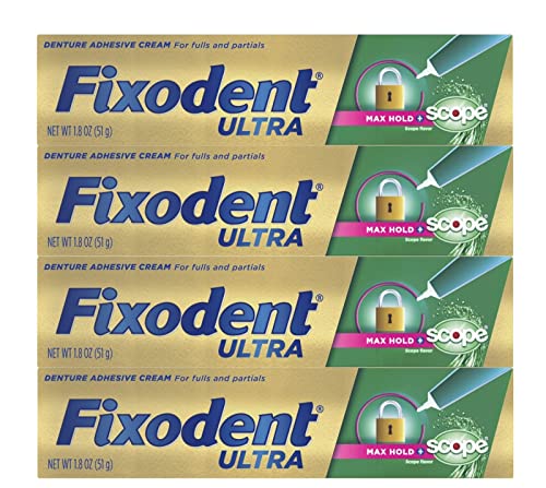 Fixodent Ultra with Scope Flavor, Denture Adhesive, 1.8 oz (Pack of 4)