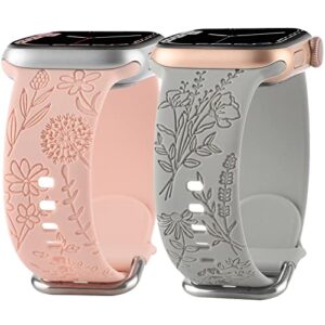 flower engraved silicone band compatible with apple watch bands 38mm 40mm 41mm, cute women wildflowers floral design soft sport strap replacement wristbands for iwatch series 8 7/se/6/5/4/3/2/1 (42/44/45mm, grey pink)