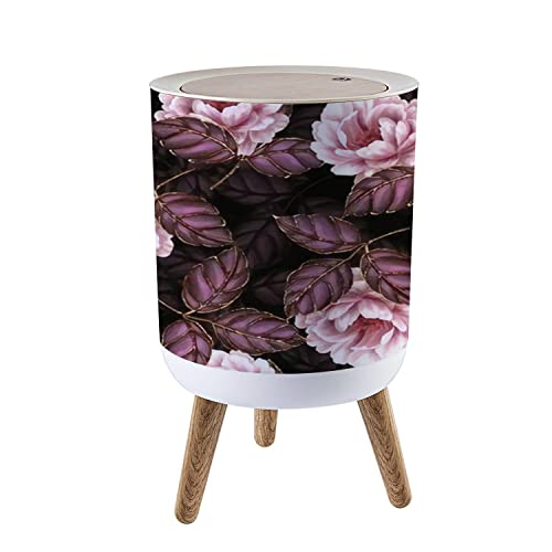 OJNR36WKPD Small Trash Can with Lid Seamless Decorative Rose Flowers Leaves Dark Floral Round Garbage Can Press Cover Wastebasket Wood Waste Bin for Bathroom Kitchen Office 7L/1.8 Gallon