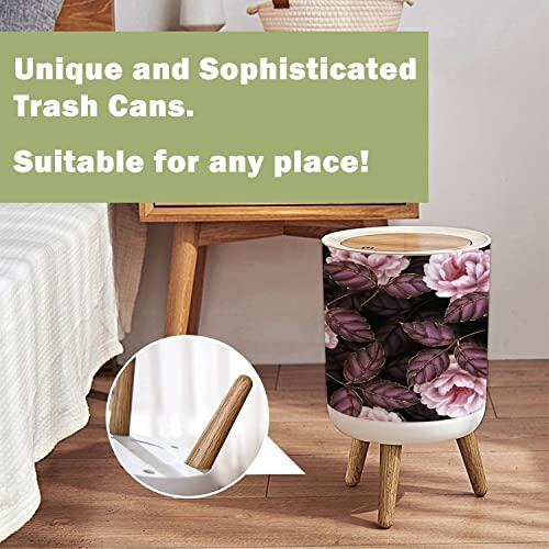 OJNR36WKPD Small Trash Can with Lid Seamless Decorative Rose Flowers Leaves Dark Floral Round Garbage Can Press Cover Wastebasket Wood Waste Bin for Bathroom Kitchen Office 7L/1.8 Gallon