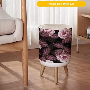 OJNR36WKPD Small Trash Can with Lid Seamless Decorative Rose Flowers Leaves Dark Floral Round Garbage Can Press Cover Wastebasket Wood Waste Bin for Bathroom Kitchen Office 7L/1.8 Gallon