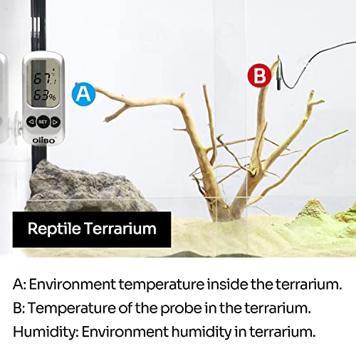 OIIBO Reptile Digital Thermometer Hygrometer with Alarm, 2-Channel Temperature and Humidity Meter Gauge with Probe for Pet Rearing Box Reptile Terrarium Temperature and Hygrometer