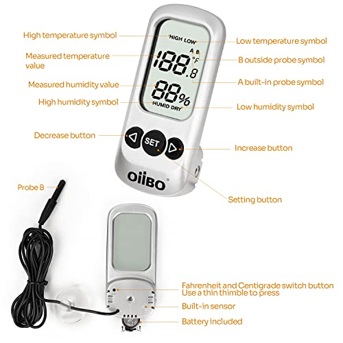 OIIBO Reptile Digital Thermometer Hygrometer with Alarm, 2-Channel Temperature and Humidity Meter Gauge with Probe for Pet Rearing Box Reptile Terrarium Temperature and Hygrometer