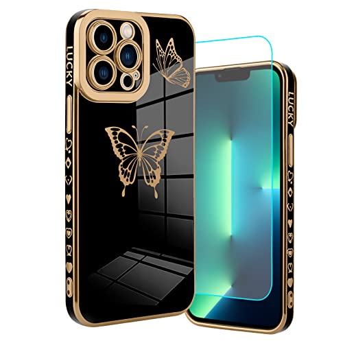 MZELQ Designed for iPhone 13 Pro Max Case Butterflies Design for Women Girl with Screen Protector,Cute Luxury Plating Bumper Case with Full Camera Lens Protection Cover 6.7 inch- Black