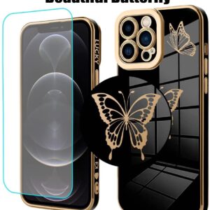 MZELQ Designed for iPhone 13 Pro Max Case Butterflies Design for Women Girl with Screen Protector,Cute Luxury Plating Bumper Case with Full Camera Lens Protection Cover 6.7 inch- Black