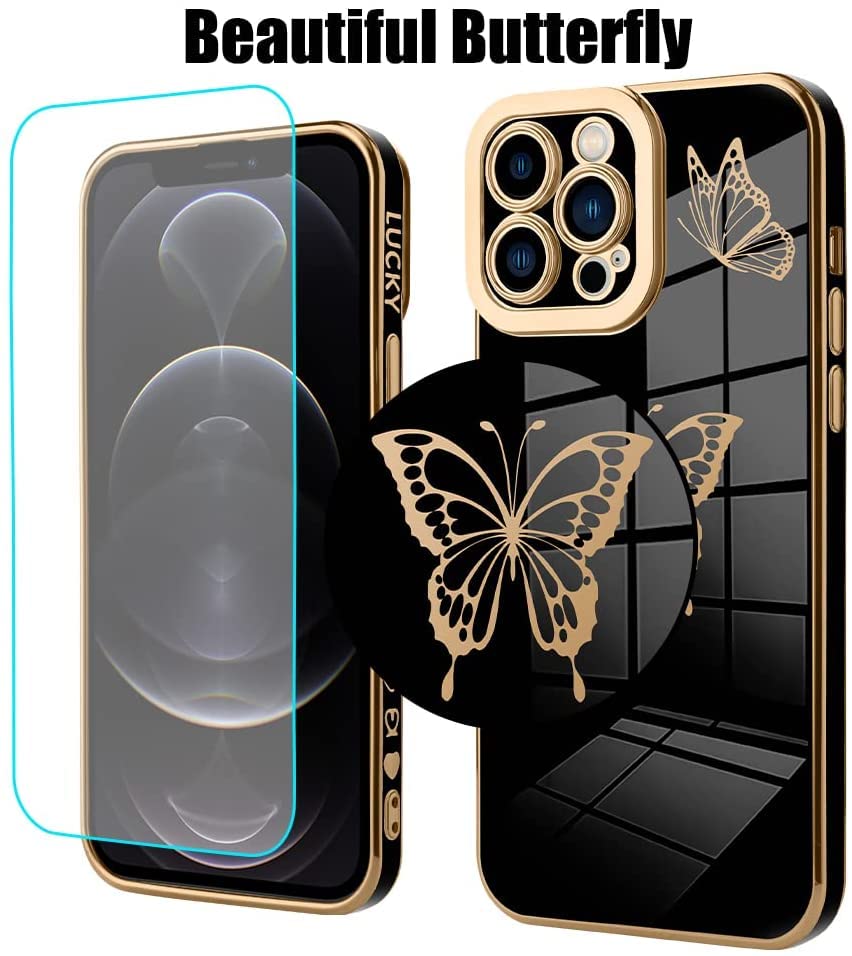 MZELQ Designed for iPhone 13 Pro Max Case Butterflies Design for Women Girl with Screen Protector,Cute Luxury Plating Bumper Case with Full Camera Lens Protection Cover 6.7 inch- Black