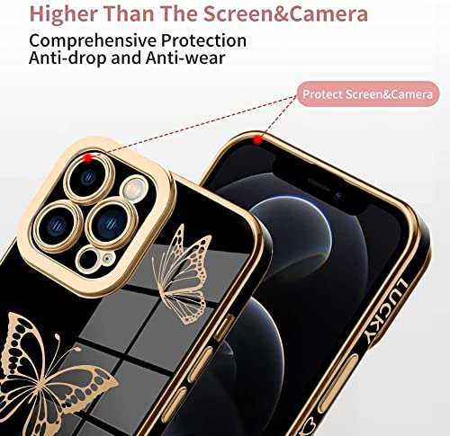 MZELQ Designed for iPhone 13 Pro Max Case Butterflies Design for Women Girl with Screen Protector,Cute Luxury Plating Bumper Case with Full Camera Lens Protection Cover 6.7 inch- Black