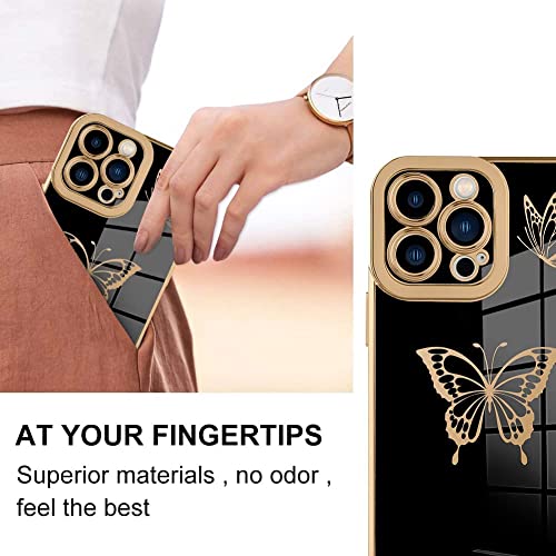 MZELQ Designed for iPhone 13 Pro Max Case Butterflies Design for Women Girl with Screen Protector,Cute Luxury Plating Bumper Case with Full Camera Lens Protection Cover 6.7 inch- Black