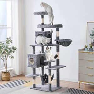 YARUOMY Cat Tree 71.6 inches Cat Tower for Indoor Cats, Multi-Level Cat Condo Furniture with Scratching Posts, Plush Perches, Activity Center with Cozy Basket & Hammock for Large Cats,Light Gray