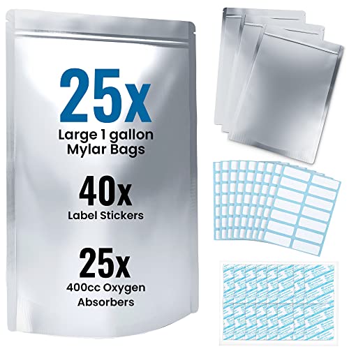 25 Mylar Bags with 25 Oxygen Absorbers - Large 1 Gallon Gusseted Bag 40 Labels for Food Storage - 5mil Resealable Packaging with Food Grade Absorber To Keep Out Moisture, Light & Oxygen for Long Storage