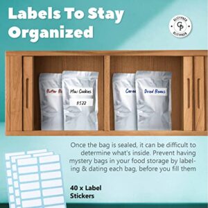 25 Mylar Bags with 25 Oxygen Absorbers - Large 1 Gallon Gusseted Bag 40 Labels for Food Storage - 5mil Resealable Packaging with Food Grade Absorber To Keep Out Moisture, Light & Oxygen for Long Storage