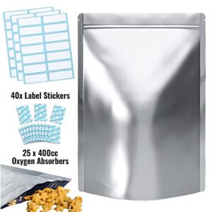 25 Mylar Bags with 25 Oxygen Absorbers - Large 1 Gallon Gusseted Bag 40 Labels for Food Storage - 5mil Resealable Packaging with Food Grade Absorber To Keep Out Moisture, Light & Oxygen for Long Storage