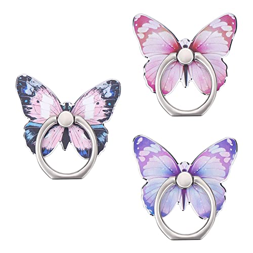 Cobee 3 Pcs Butterfly Cell Phone Ring Stand Holder, Cute Butterfly Pattern Painted Metal Finger Stand Kickstand 360°Rotation Phone Ring Holder Stand Ring Hand Grip with Knob Loop (Blue, Purple, Pink)