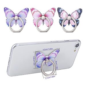 Cobee 3 Pcs Butterfly Cell Phone Ring Stand Holder, Cute Butterfly Pattern Painted Metal Finger Stand Kickstand 360°Rotation Phone Ring Holder Stand Ring Hand Grip with Knob Loop (Blue, Purple, Pink)