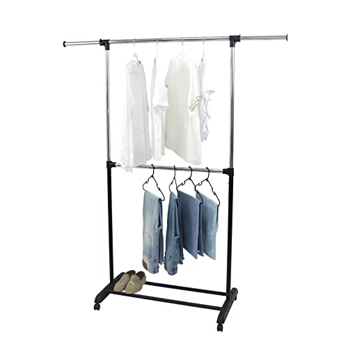 RYGOAL Double Rod Garment Racks for Hanging Clothes, Rolling Clothes Organizer Extendable Portable Clothing Hanging Garment Rack for Adult Coat, Closet, Wardrobe