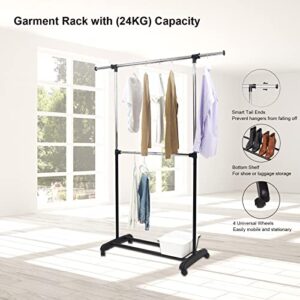 RYGOAL Double Rod Garment Racks for Hanging Clothes, Rolling Clothes Organizer Extendable Portable Clothing Hanging Garment Rack for Adult Coat, Closet, Wardrobe