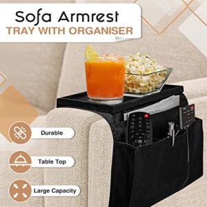 MISNODE 2 Pack Sofa Armrest Organizer with Cup Holder Tray, Hanging Couch TV Remote Storage Organizer with 6 Pockets, Sofa Couch Armchair Caddy Holder Sofa Slipcover Organizer (Brown)