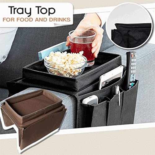 MISNODE 2 Pack Sofa Armrest Organizer with Cup Holder Tray, Hanging Couch TV Remote Storage Organizer with 6 Pockets, Sofa Couch Armchair Caddy Holder Sofa Slipcover Organizer (Brown)