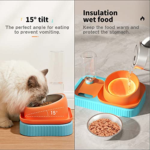 BNOSDM Triple Dog Cat Food Bowls with Gravity Water Bottle Set, Pet Slow Feeder with Detachable Stainless Steel - Tilted Raised No Spill Dog Bowls for Cat Kitten Puppy