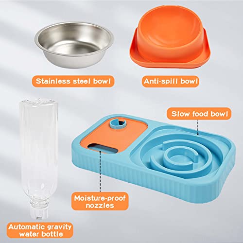 BNOSDM Triple Dog Cat Food Bowls with Gravity Water Bottle Set, Pet Slow Feeder with Detachable Stainless Steel - Tilted Raised No Spill Dog Bowls for Cat Kitten Puppy