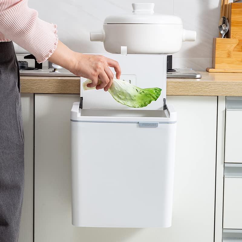 URALFA Hanging Kitchen Trash Can with Lid,Small Compost Bin for Under Sink or Cabinet Door, Wall-Mounted Garbage Can，Kitchen Compost Bin for Counter Top,2.4 Gallon Food Waste Bin，White