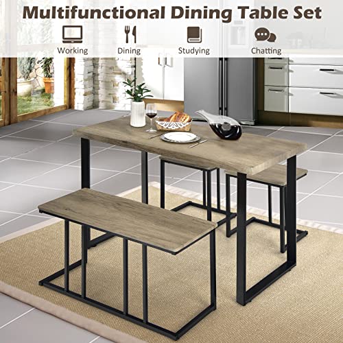 GOFLAME 4-Piece Dining Table Set, Counter Height Dining Set with One Long Bench and Two Stools, Modern Dining Table Set with Space Saving Design, Suitable for Kitchen, Dining Room, Restaurant