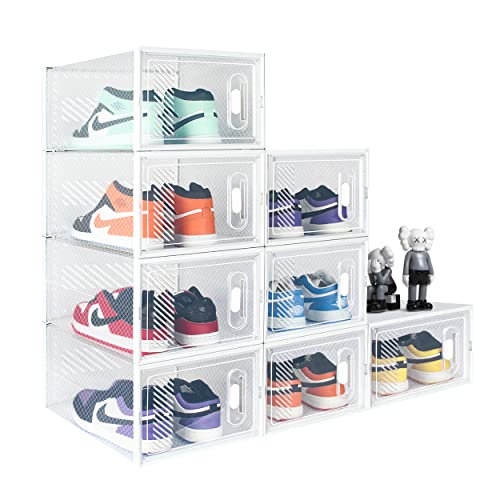 Hrrsaki 8 Pack X-Large Shoe Storage Boxes, Shoe Boxes Clear Plastic Stackable, Shoe Organizer Boxes with Front Opening Lids, Ventilation and Dust-proof, Shoe Container Boxes for Closet, Bedroom, Bathroom, Fit for Women/Men Size 14(14” x 11” x 8.3”) (white